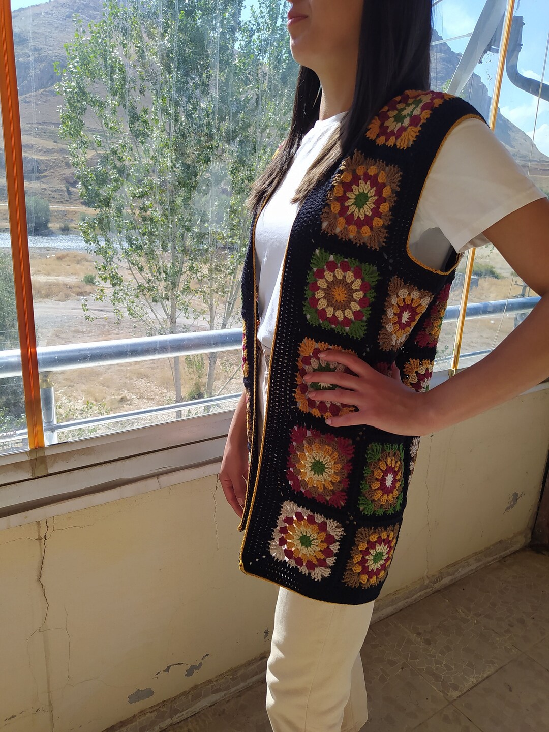 Crochet Vest, Granny Square Black Vest, Knitted Patchwork Sweater ...