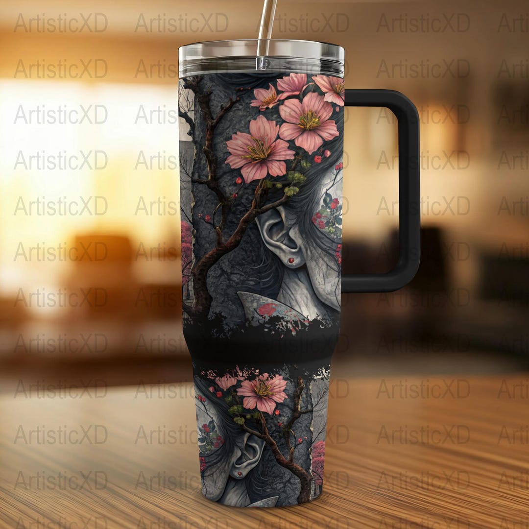 Gothic Geisha Art 40oz Tumbler Wrap, Japanese Woman Graphic Tumbler ...
