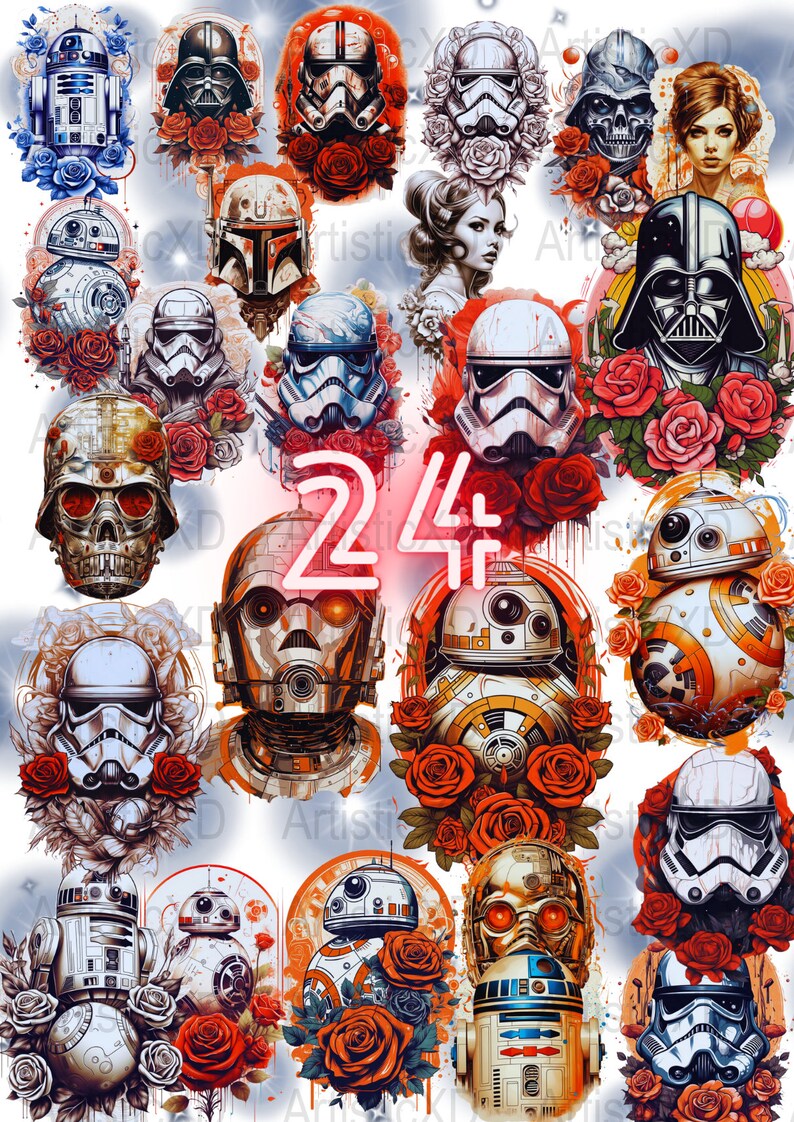 Sci-fi Robot and Helmet Sticker Set, Floral Space Movie-inspired Decals ...