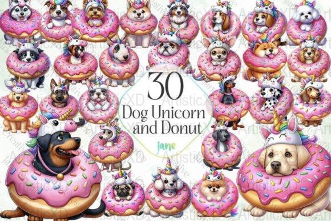 Printable Unicorn Dog Donut Clipart, Cute Dog in Donut Costume ...