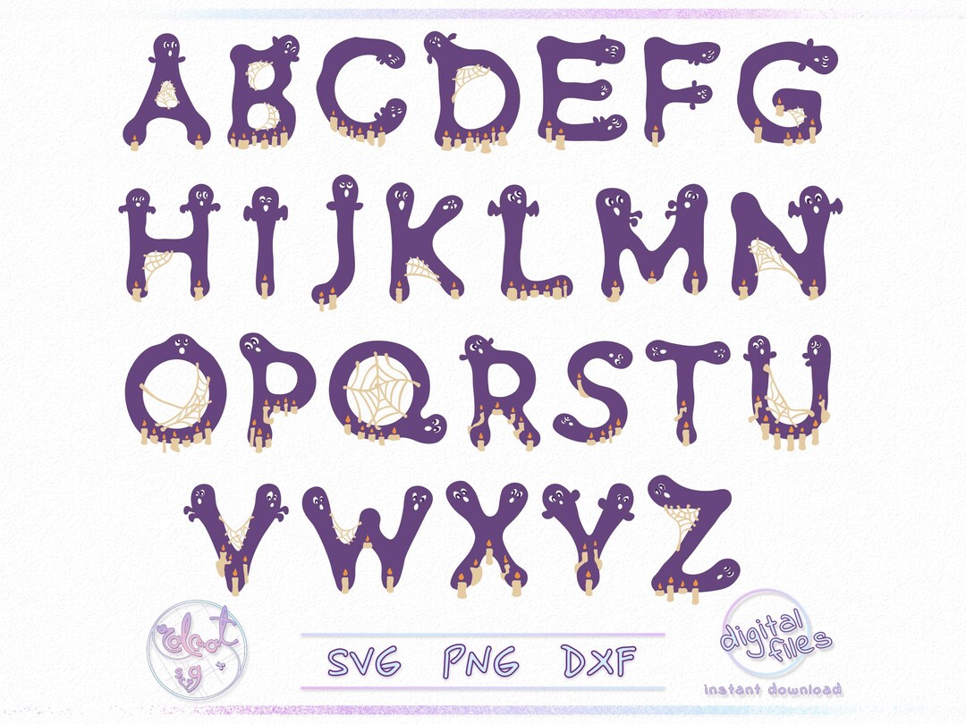 Cute Halloween Ghost Alphabet With Candles and Spider Web, Monogram Svg ...