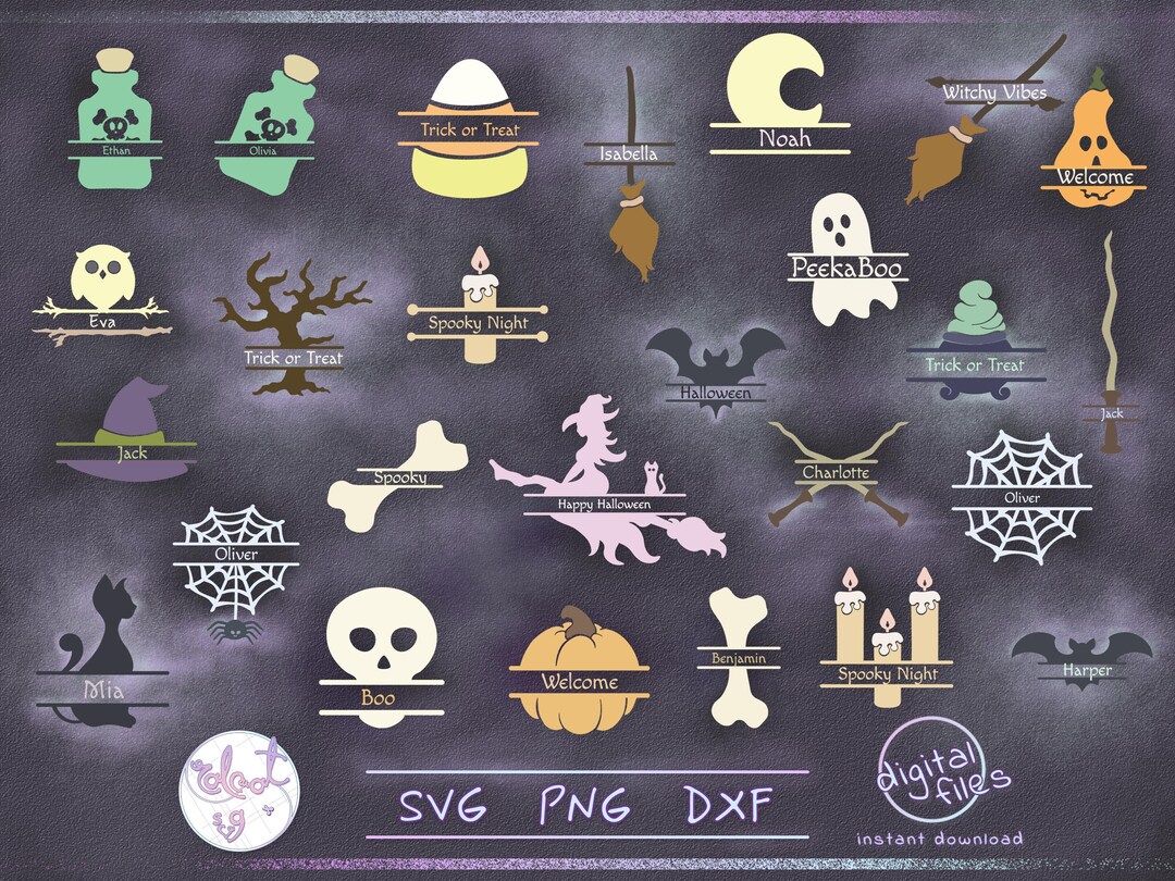Halloween Split Monogram Bundle, Svg Files for Cricut, Png, Dxf, Ghost, Cat, Pumpkin, Witch Hat ...