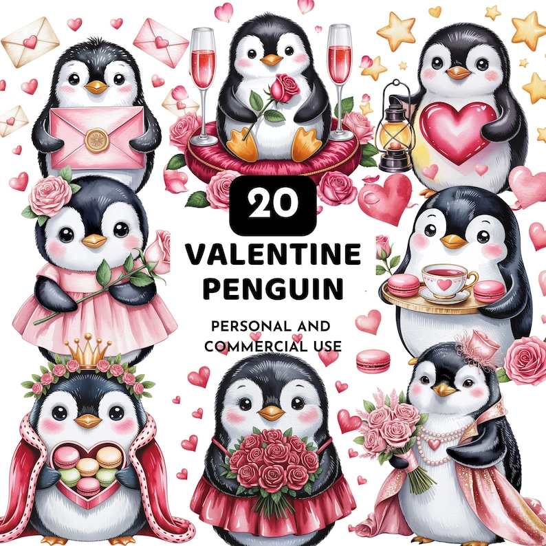 Valentine Penguin Clipart, Watercolor Penguin PNG, Kids Valentine ...