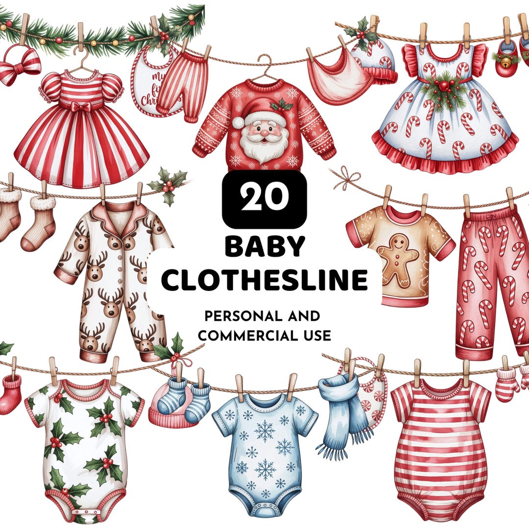 Baby Christmas Clothesline PNG | Holiday Outfit Clipart Bundle, Newborn ...