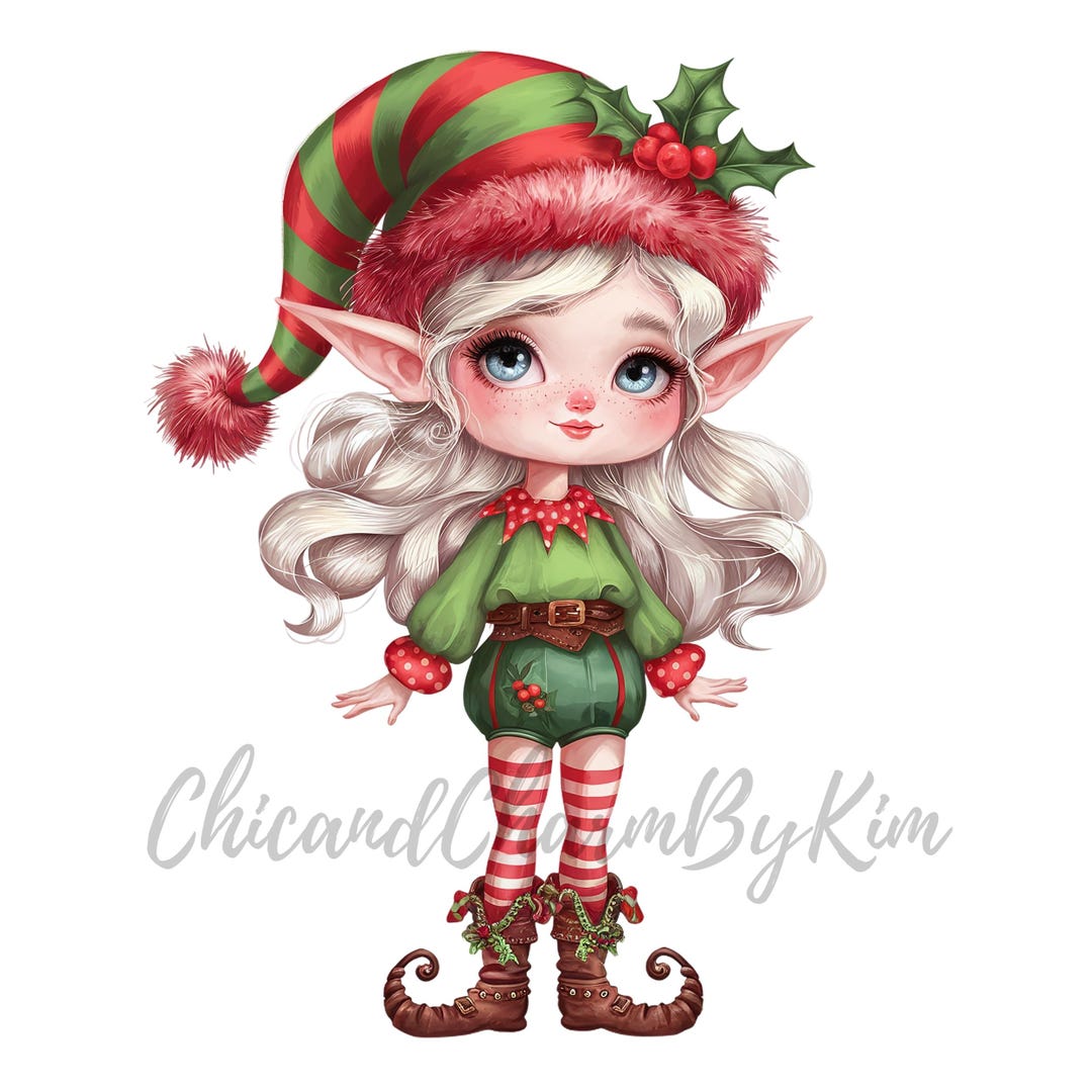 20 Christmas Elf Girl Clipart, Chibi Christmas Illustration, Quirky ...