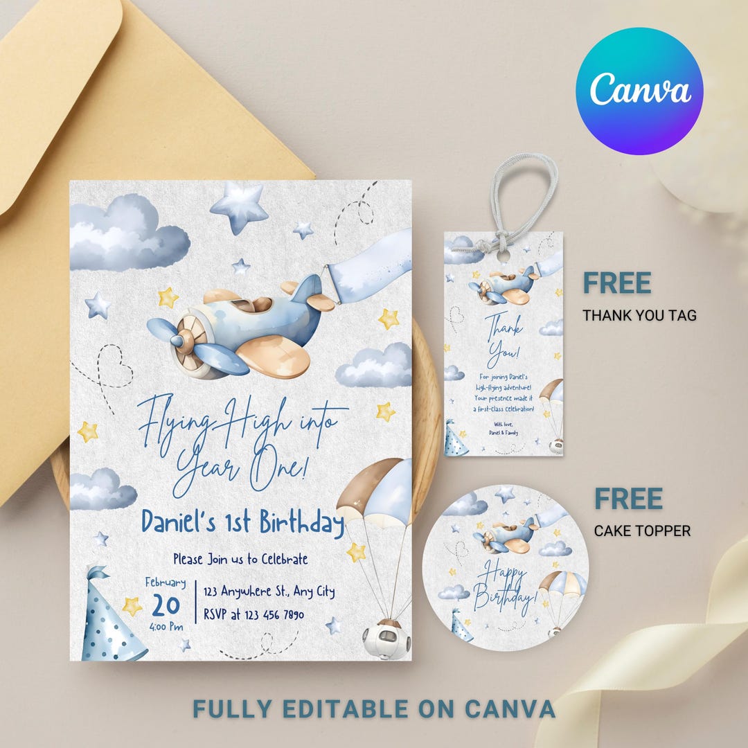 Editable Airplane 1st Birthday Invitation, Custom Airplane Invitation ...