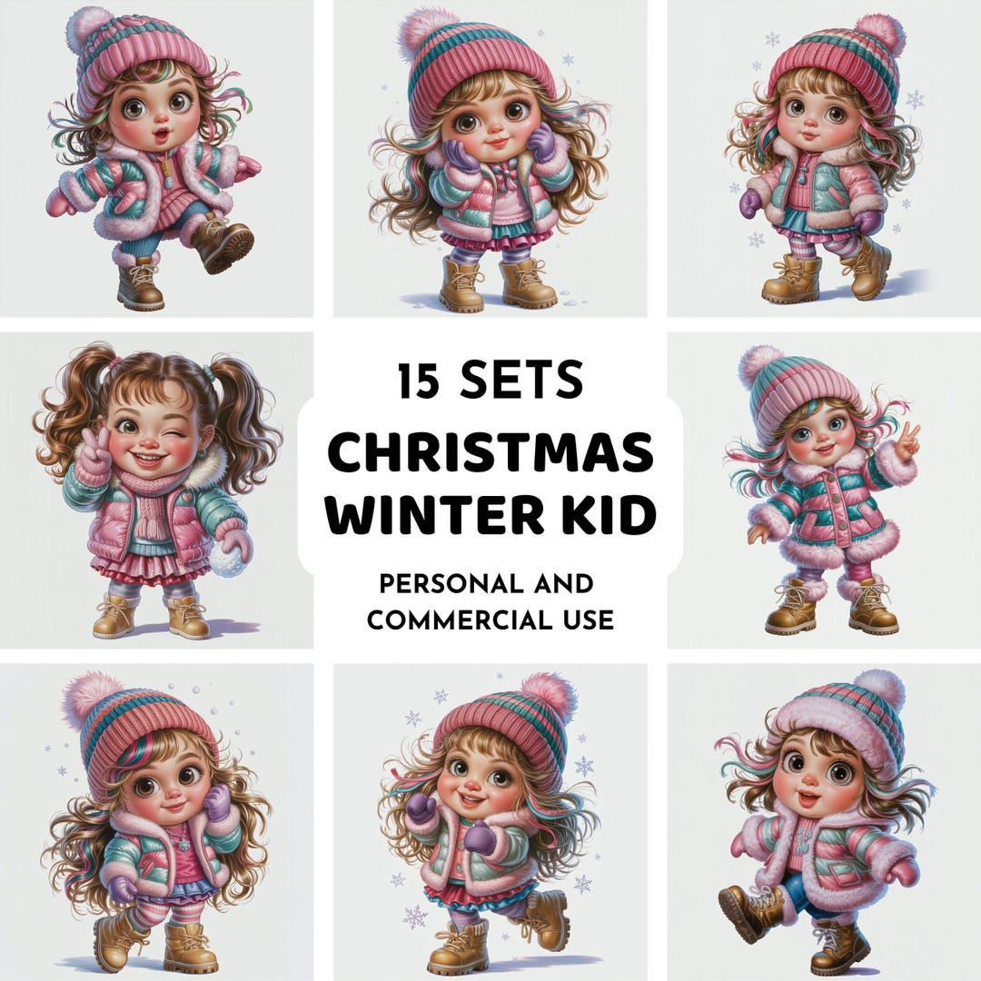 15 Winter Girl Clipart Bundle, Christmas Kids Illustration, Pink Winter ...