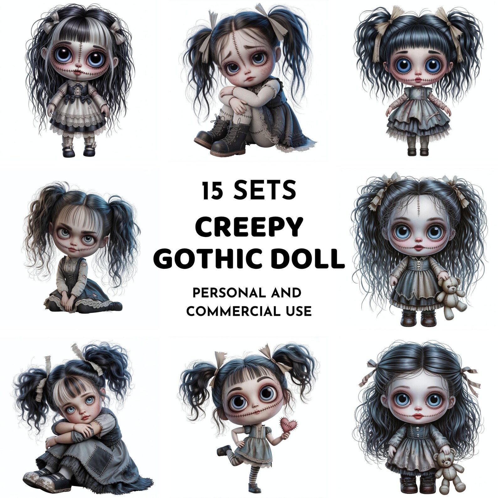 15 Creepy Gothic Doll Clipart, Spooky Girl Sublimation, Halloween Doll ...