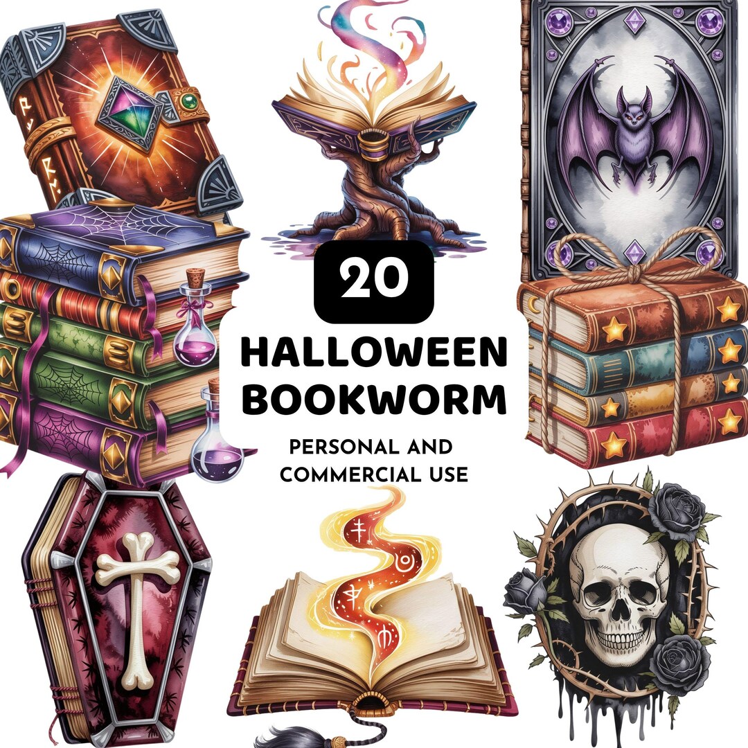 Halloween Book Clipart Bundle, Spooky Bookworm PNG, Gothic Magic Books ...
