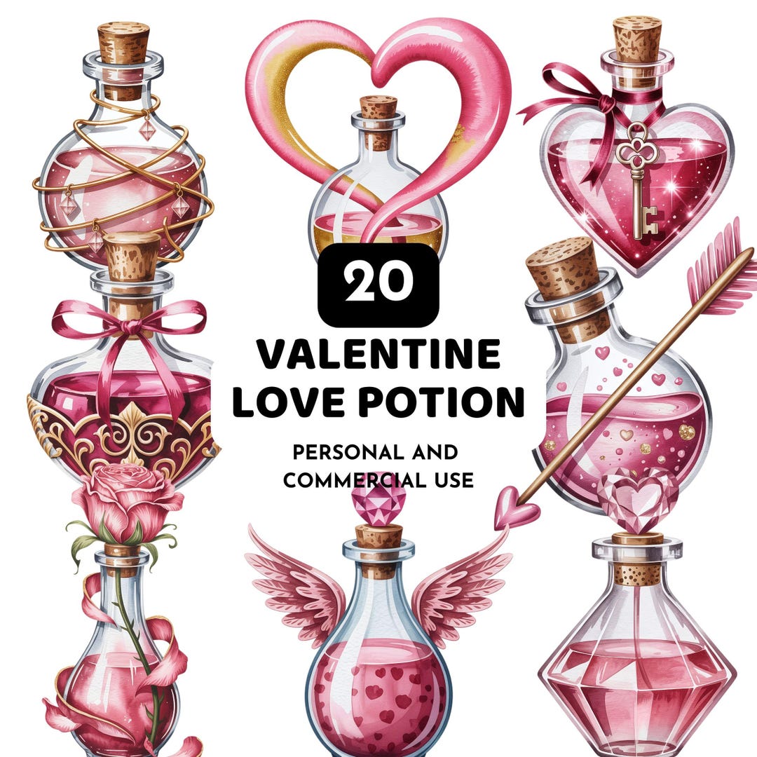 Valentine Love Potion Clipart, Heart Spell Bottles, Romantic Potion ...