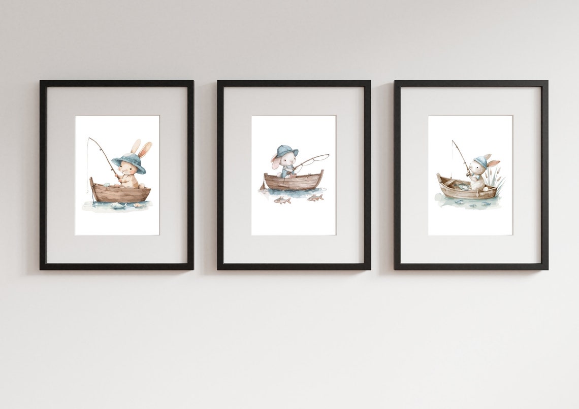 Rabbit Fishing Nursery, Nature Nursery Decor, Rabbit Wall Decor, Kids ...