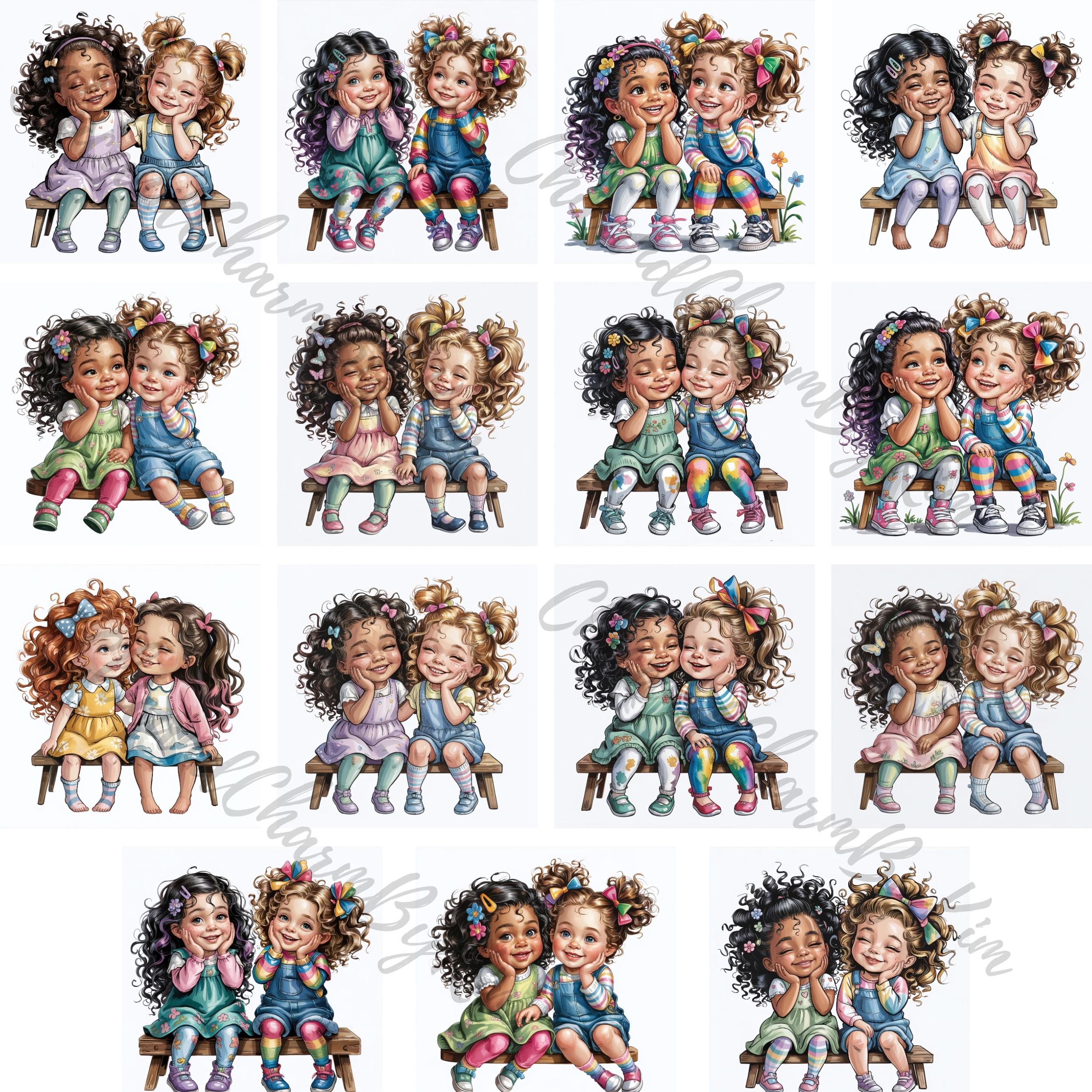 15 JPG Besties Clipart, Friendship Art Print, Adorable Little Girls ...