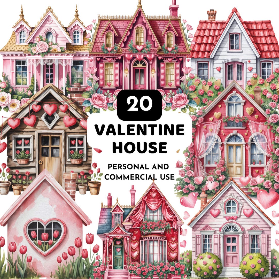 Valentine Cottage Clipart, Romantic Pink Love Houses, Floral Heart ...