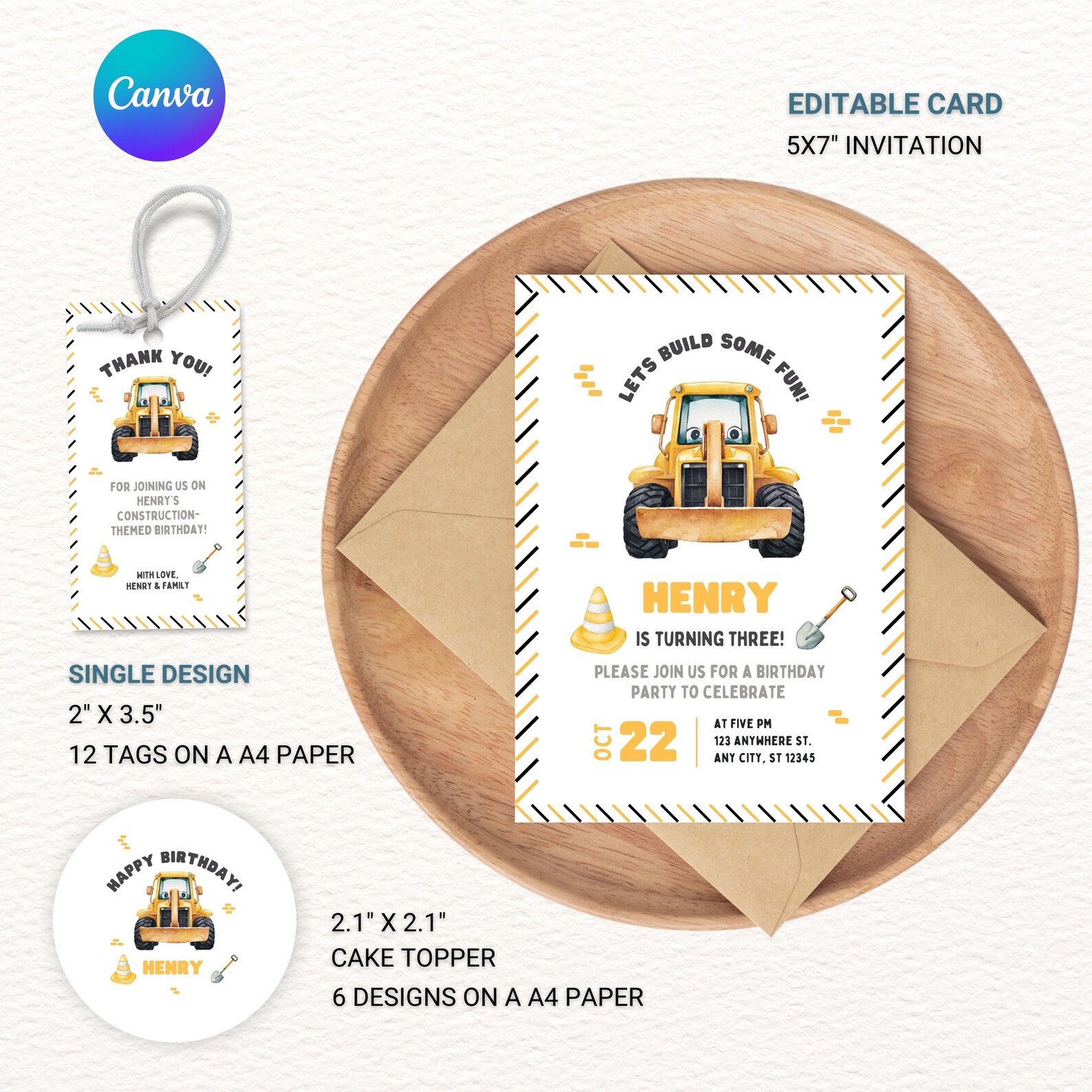 Kids Construction Birthday, Construction Invitation Template, Excavator ...