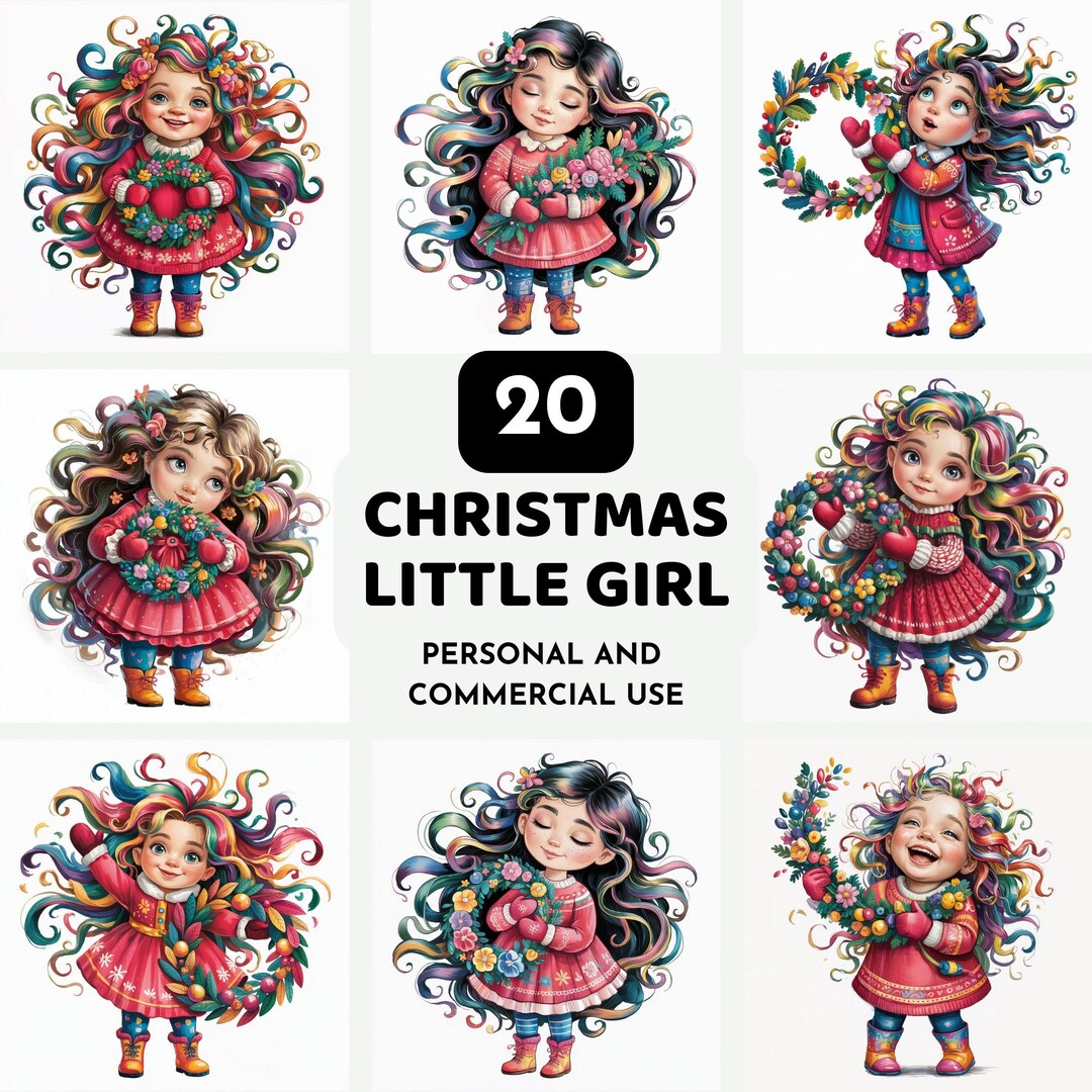 Christmas Girl Clipart Bundle, Holiday Wreath & Gift Illustrations ...