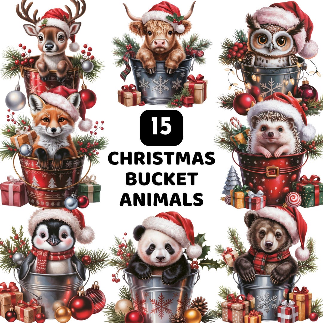 Christmas Bucket Animals Clipart, Holiday PNG Stickers (digital ...
