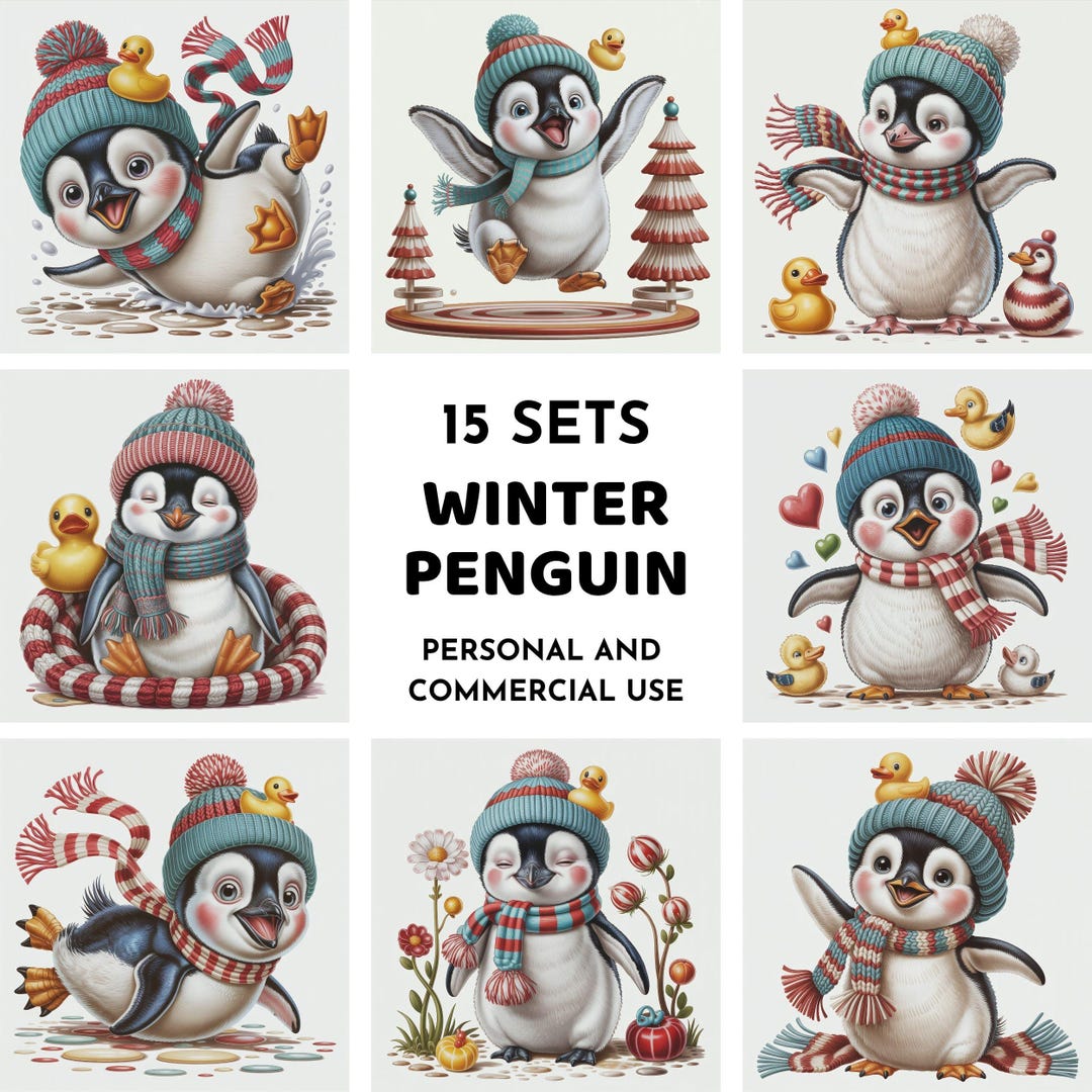 15 Winter Penguin Clipart Bundle, Christmas Penguin JPG, Winter Animal ...