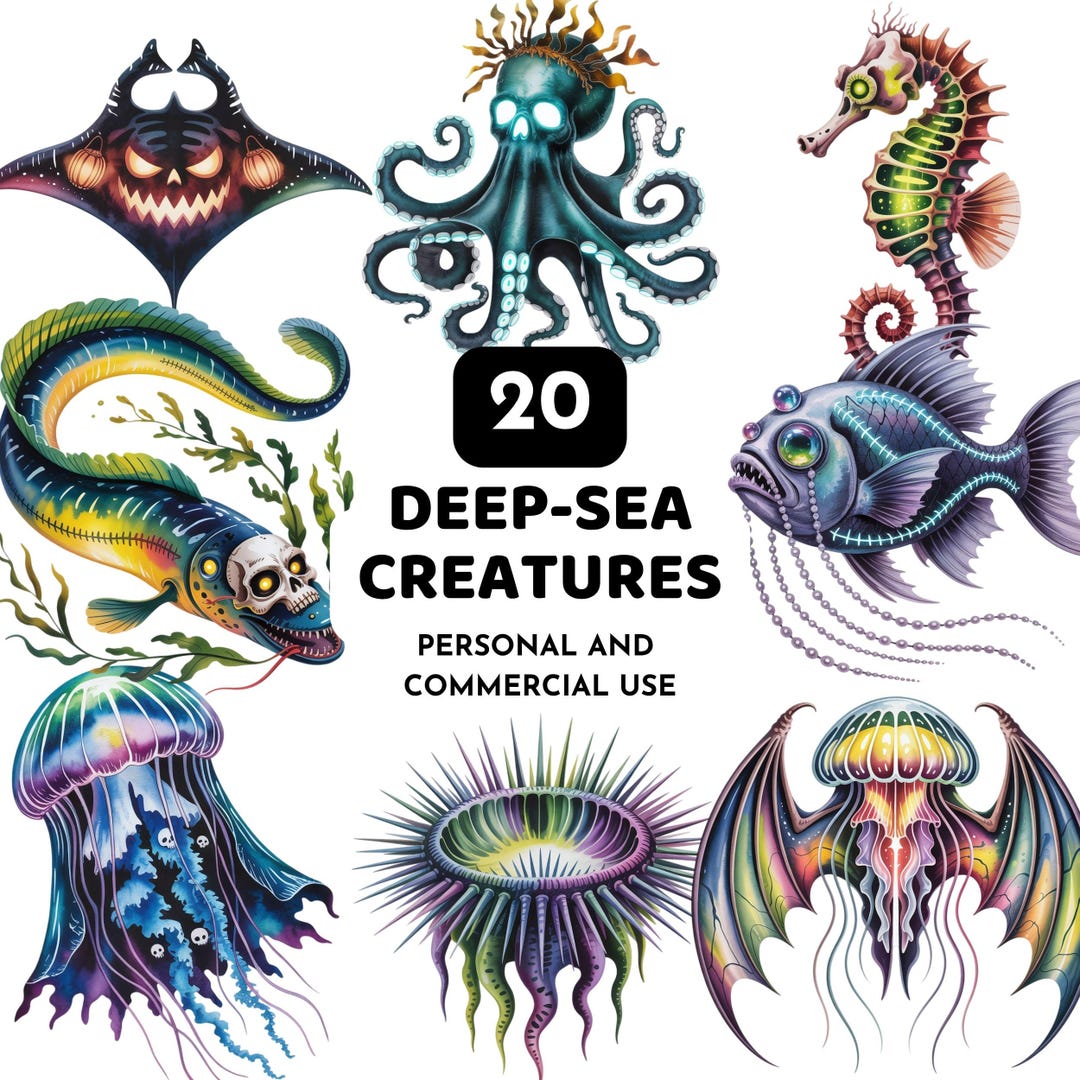 20 Spooky Deep Sea Creatures Clipart, Ocean Monster PNG (commercial Use ...