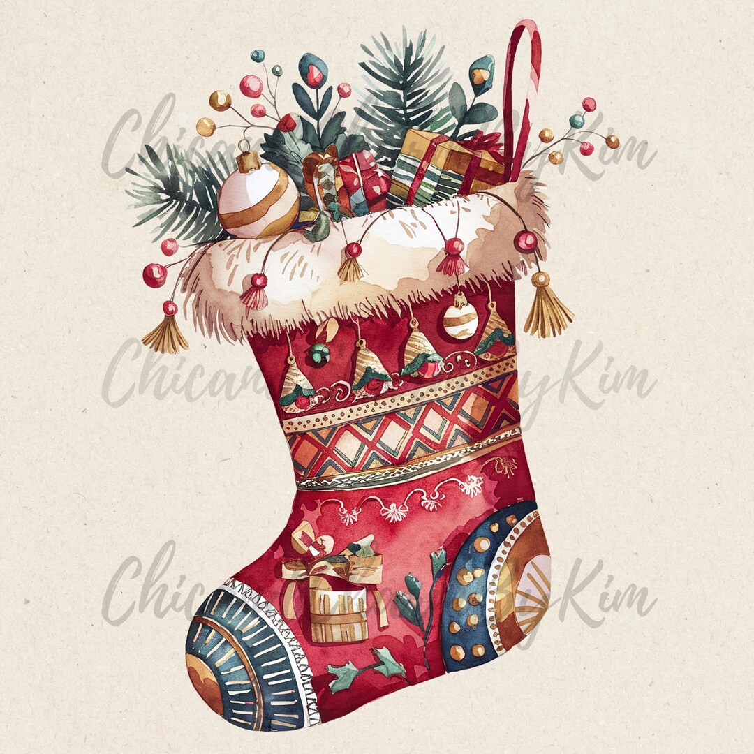 20 Watercolor Christmas Stocking Clipart, Vintage Christmas Stocking ...