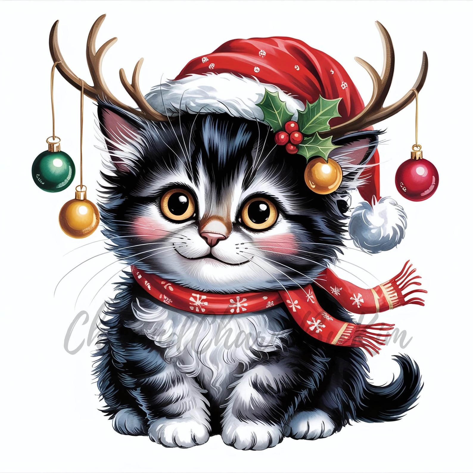 Christmas Cat Clipart JPG, Holiday Kitty With Santa Hat & Antlers ...