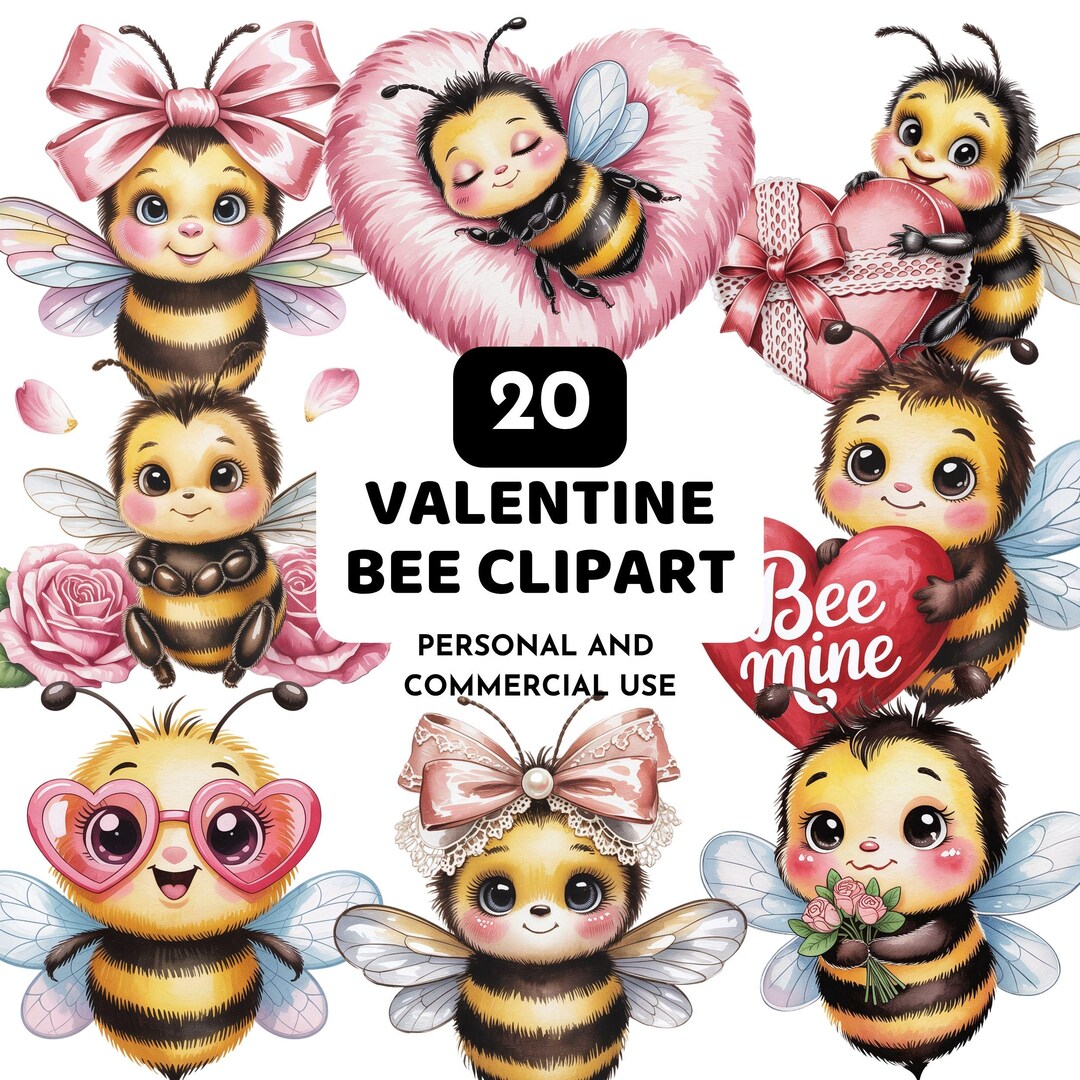 Valentine Bee Clipart Bundle, Watercolor Bee Clipart, Valentine ...