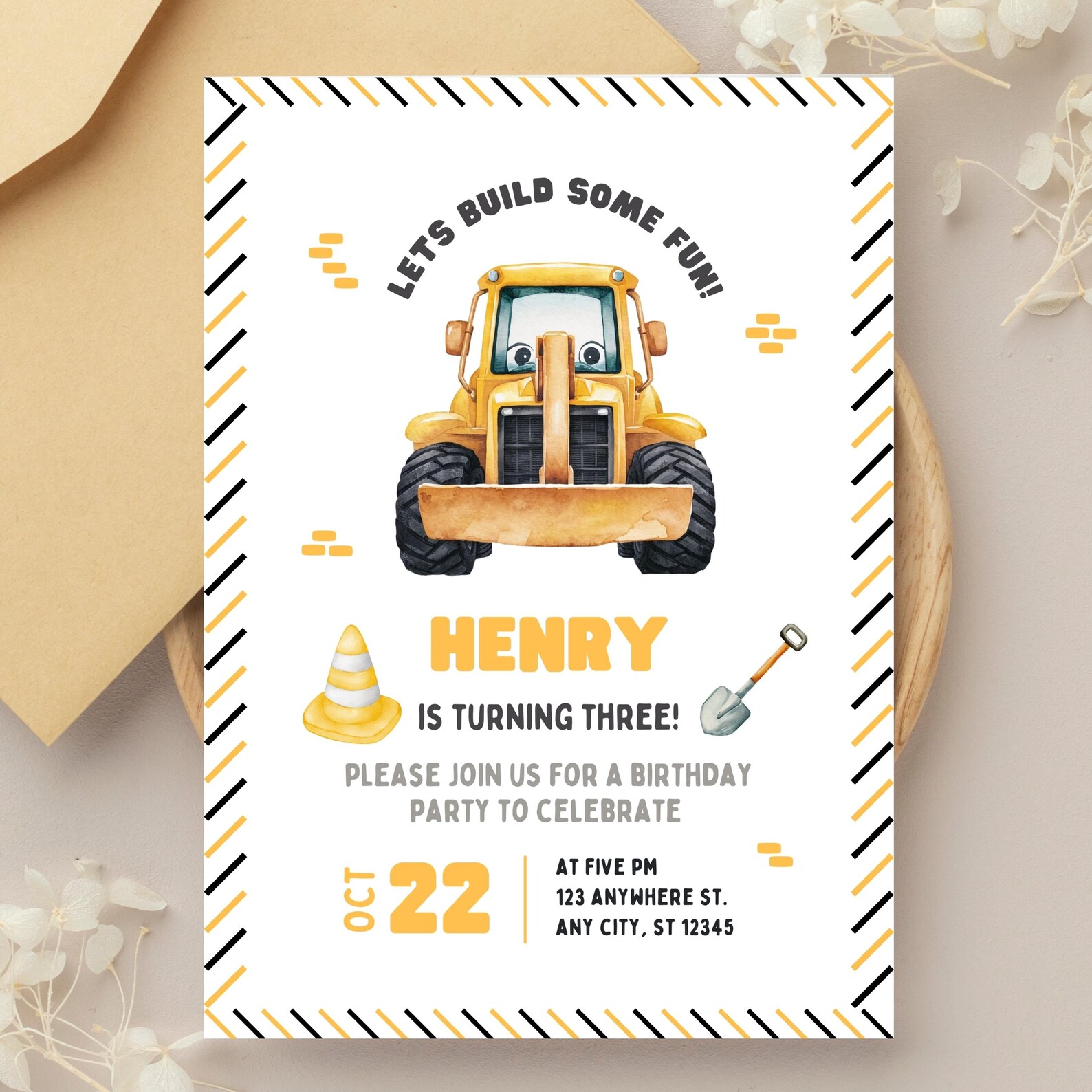 Kids Construction Birthday, Construction Invitation Template, Excavator ...