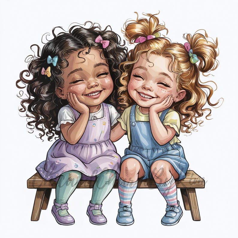 15 JPG Besties Clipart, Friendship Art Print, Adorable Little Girls ...