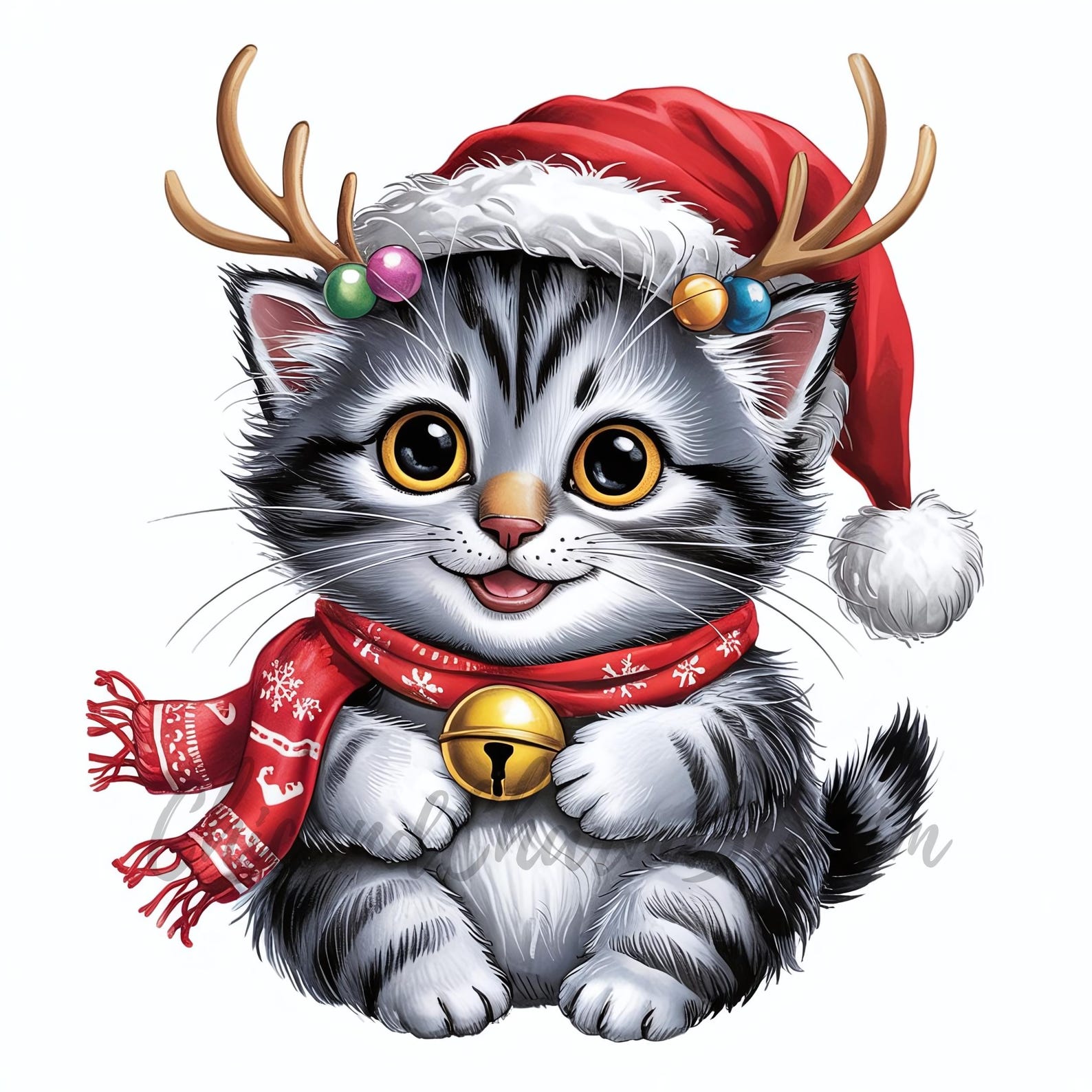 Christmas Cat Clipart JPG, Holiday Kitty With Santa Hat & Antlers ...