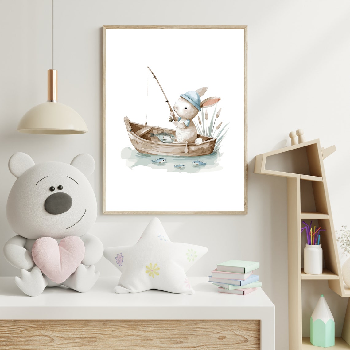 Rabbit Fishing Nursery, Nature Nursery Decor, Rabbit Wall Decor, Kids ...