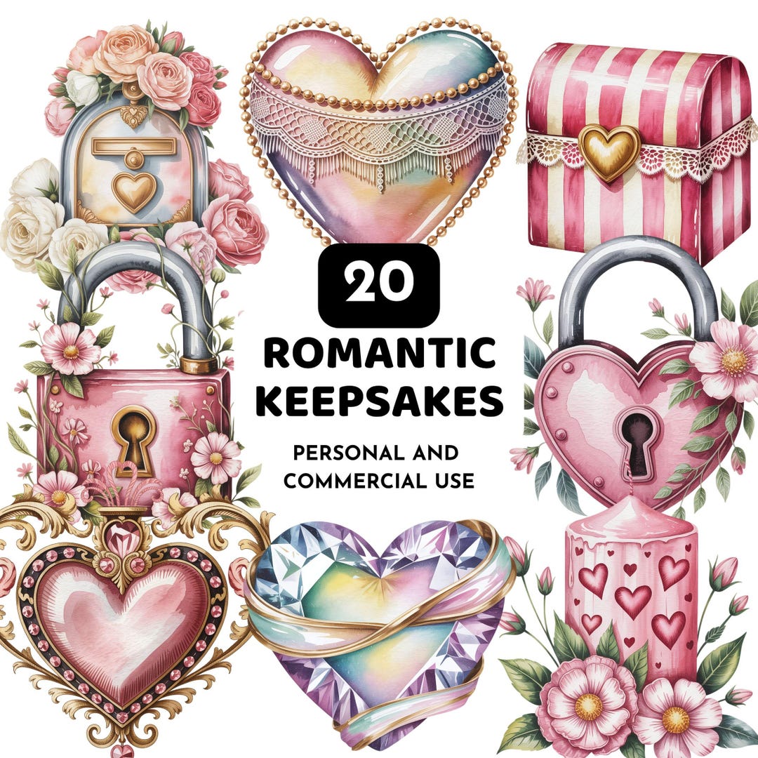 Romantic Valentine Clipart Bundle – Pastel Heart Lock & Key, Floral ...