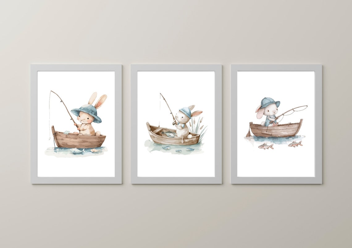 Rabbit Fishing Nursery, Nature Nursery Decor, Rabbit Wall Decor, Kids ...