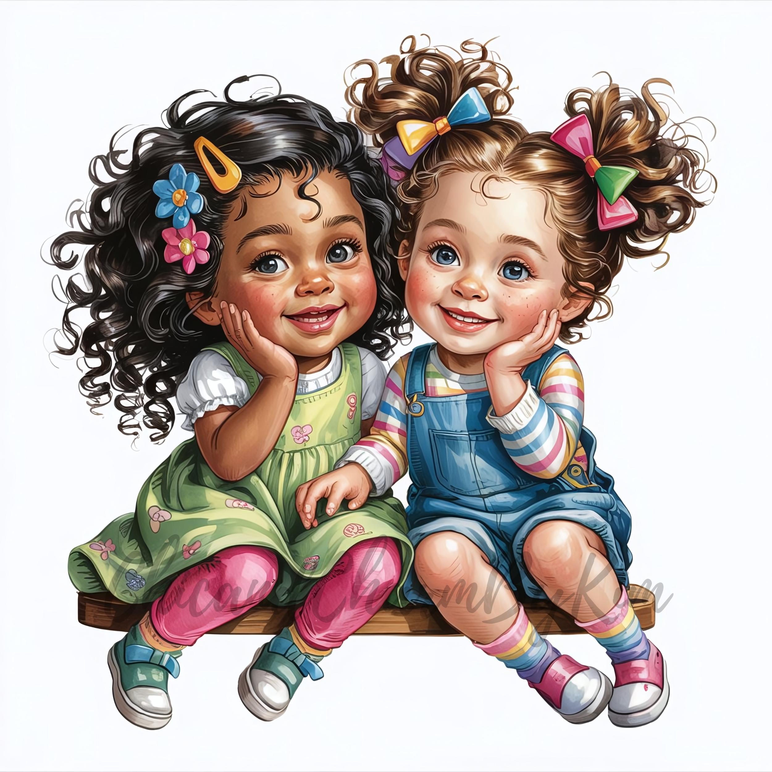 15 JPG Besties Clipart, Friendship Art Print, Adorable Little Girls ...