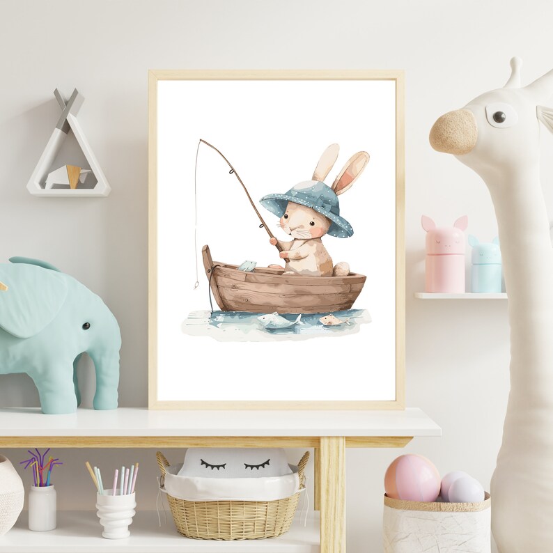 Rabbit Fishing Nursery, Nature Nursery Decor, Rabbit Wall Decor, Kids ...