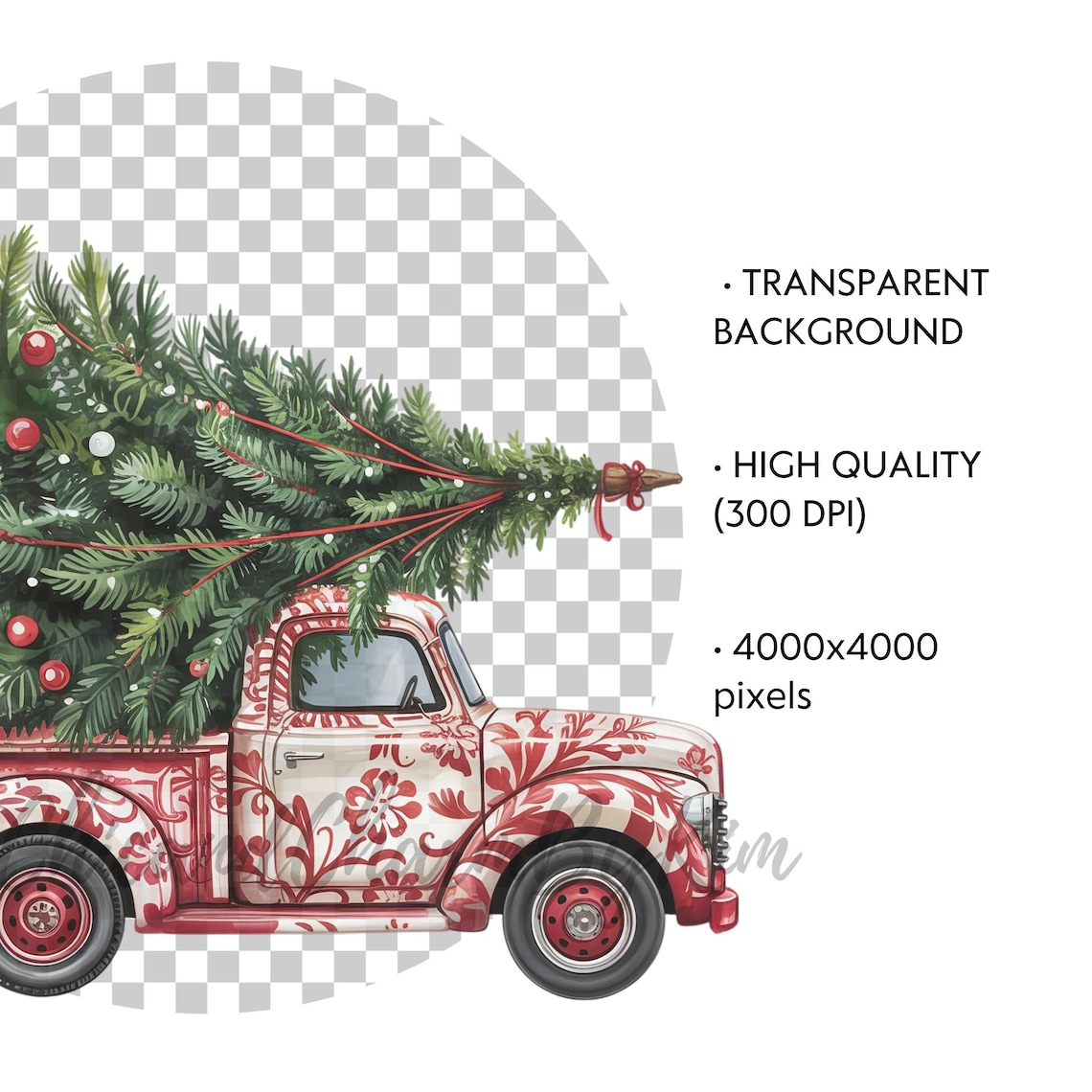 Elegant Red Christmas Clipart, Vintage Truck Christmas PNG, Christmas ...