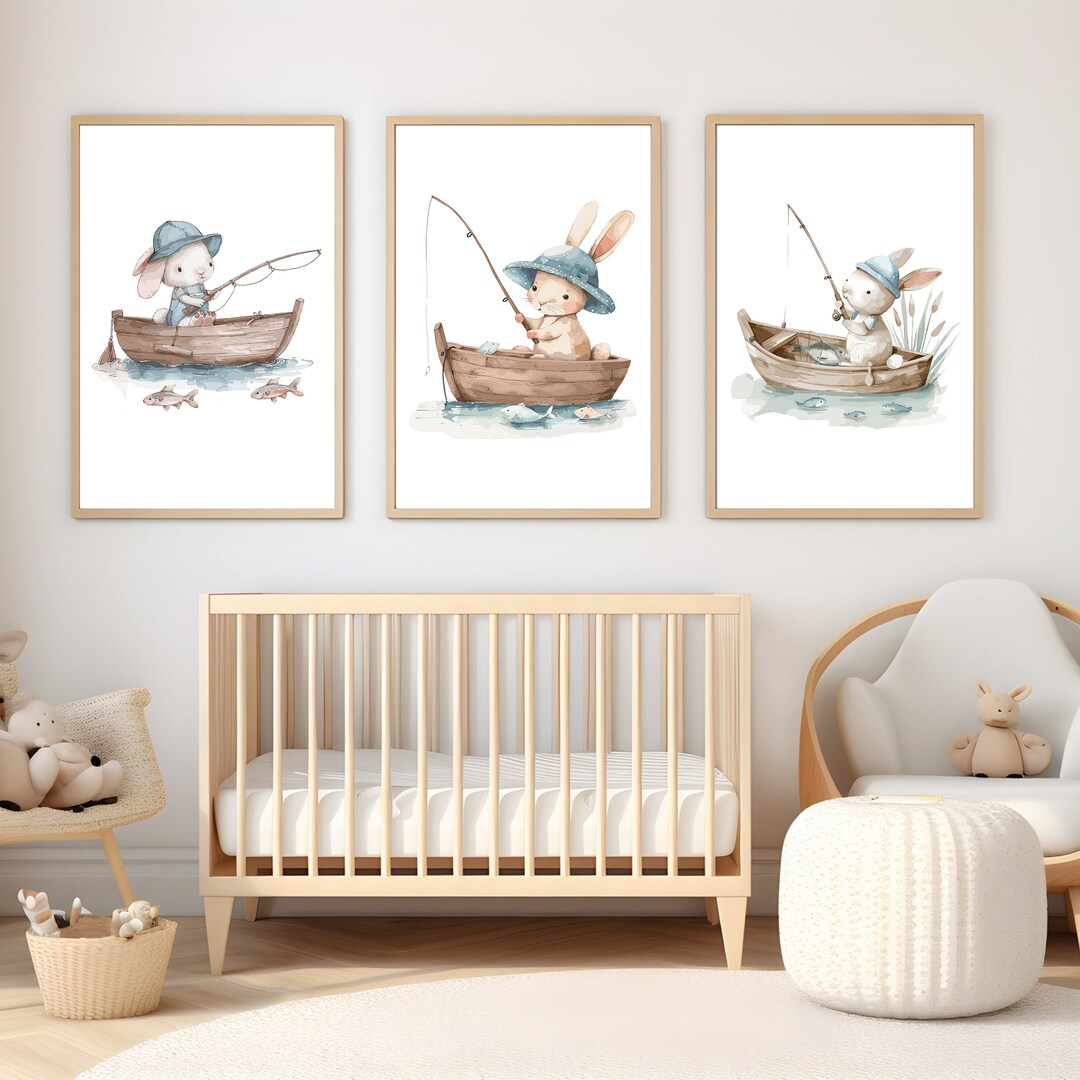 Rabbit Fishing Nursery, Nature Nursery Decor, Rabbit Wall Decor, Kids ...