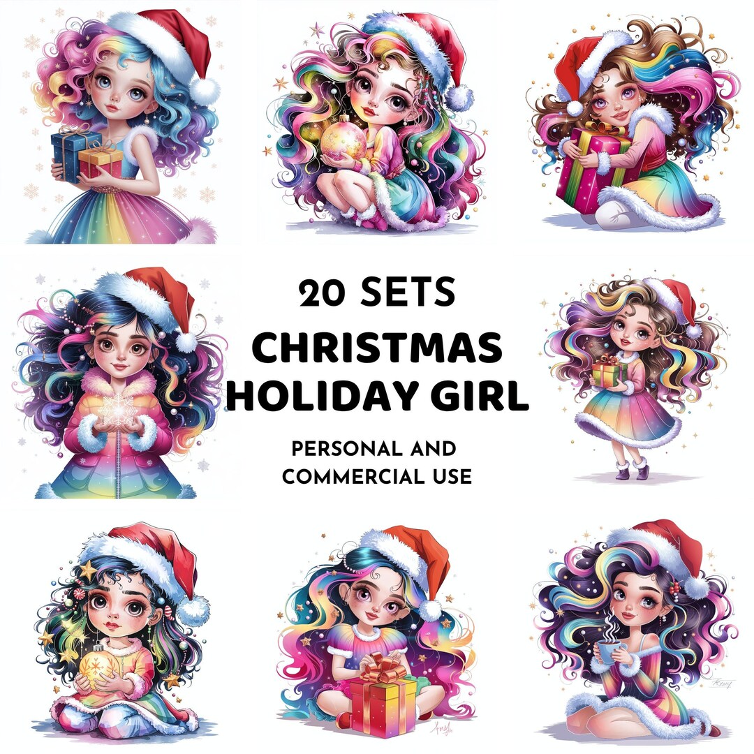 20 Christmas Girl Clipart, Cute Holiday Girl JPG, Santa Hat Girl ...