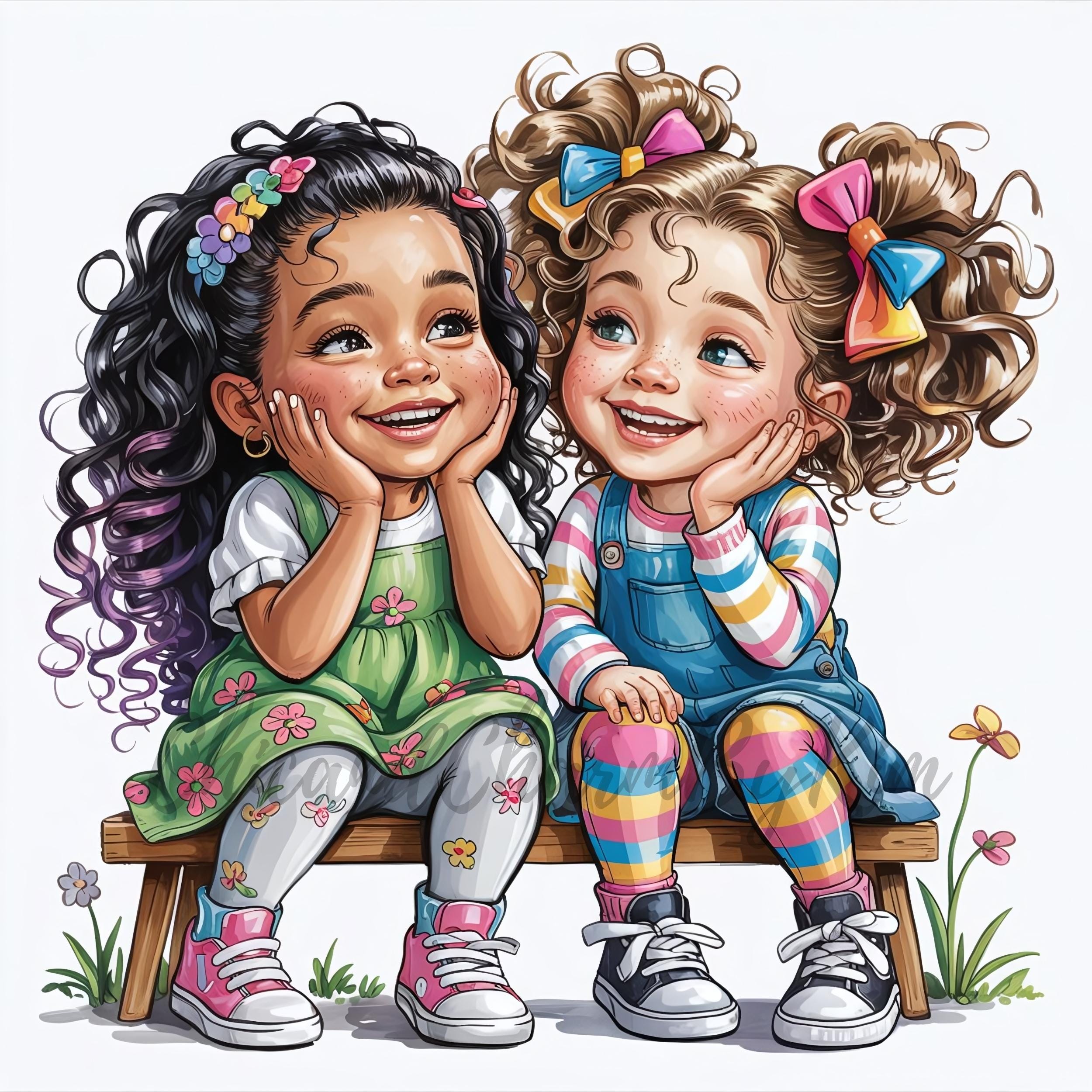 15 JPG Besties Clipart, Friendship Art Print, Adorable Little Girls ...