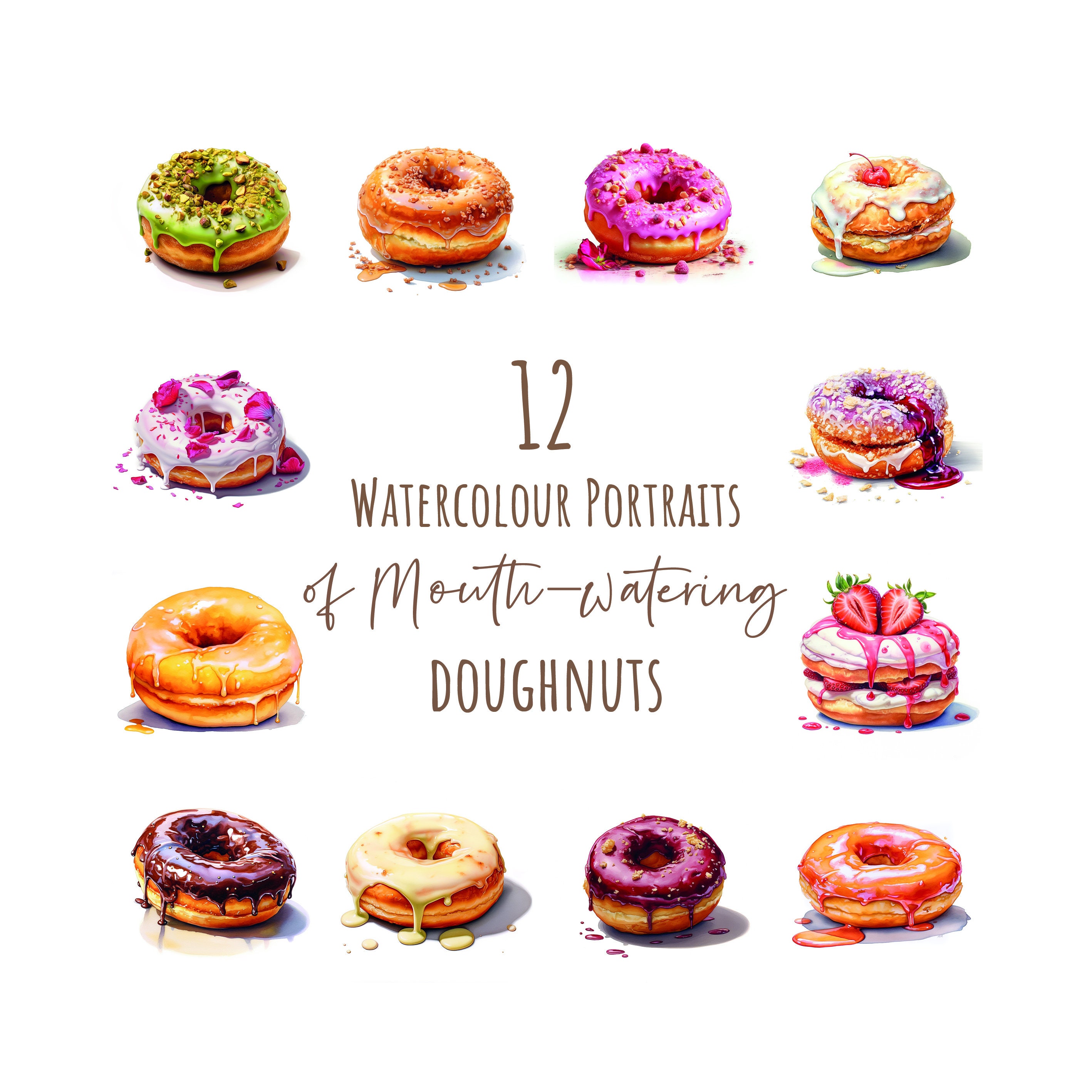 Donut Watercolor Clipart, Ai Art Print, Instant Download for Print on ...