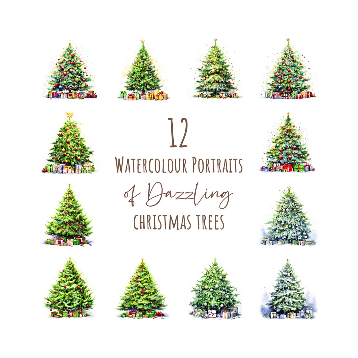 Christmas Tree Watercolor Paintings for Instant Download for Print-on ...