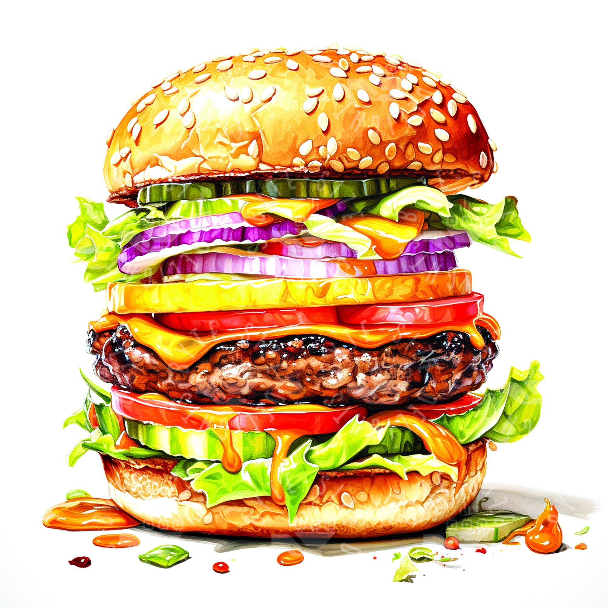 Hamburger Watercolor Clipart; Ai-generated Art for Instant Download ...