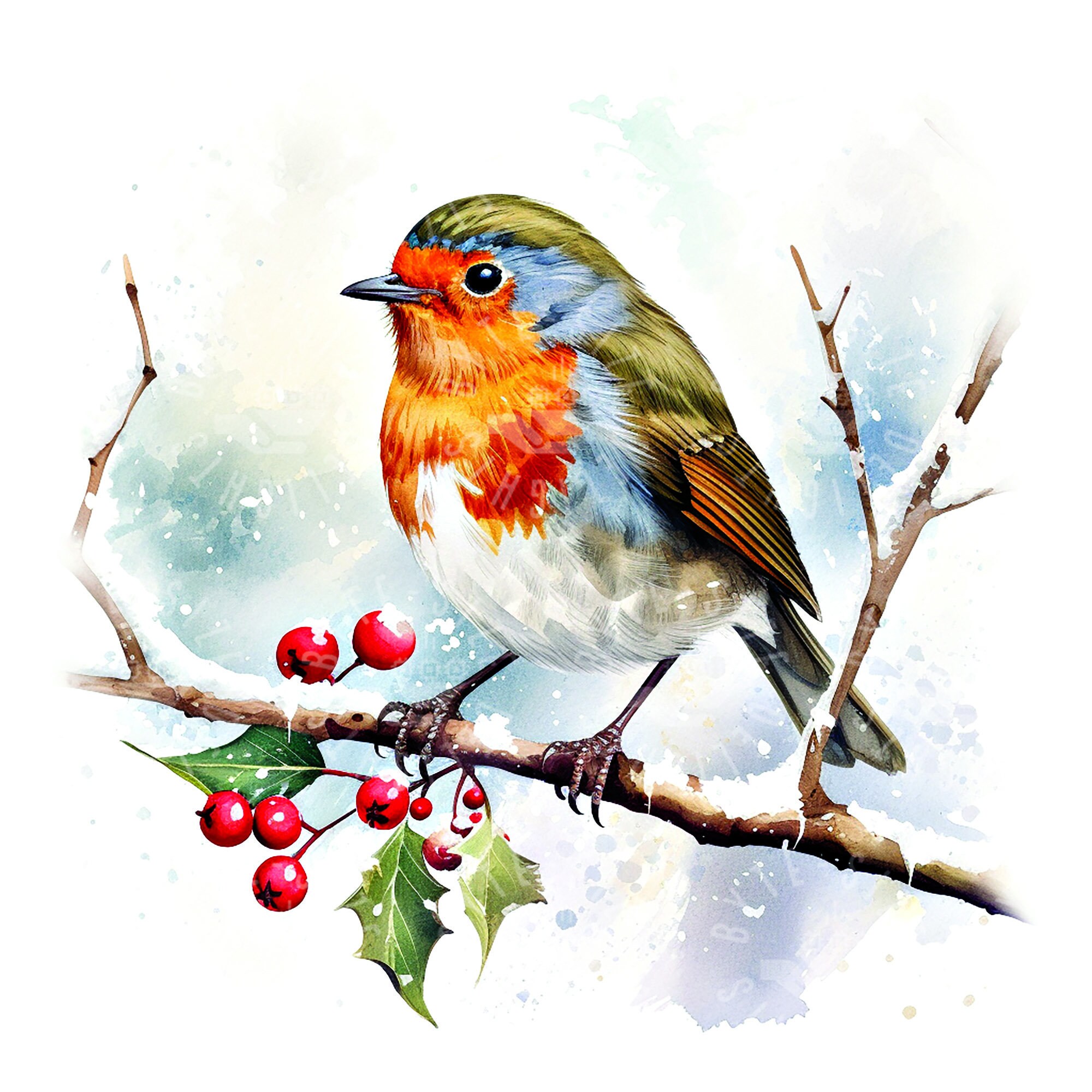 Festive Robin Watercolor Paintings for Instant Download for Print-on ...