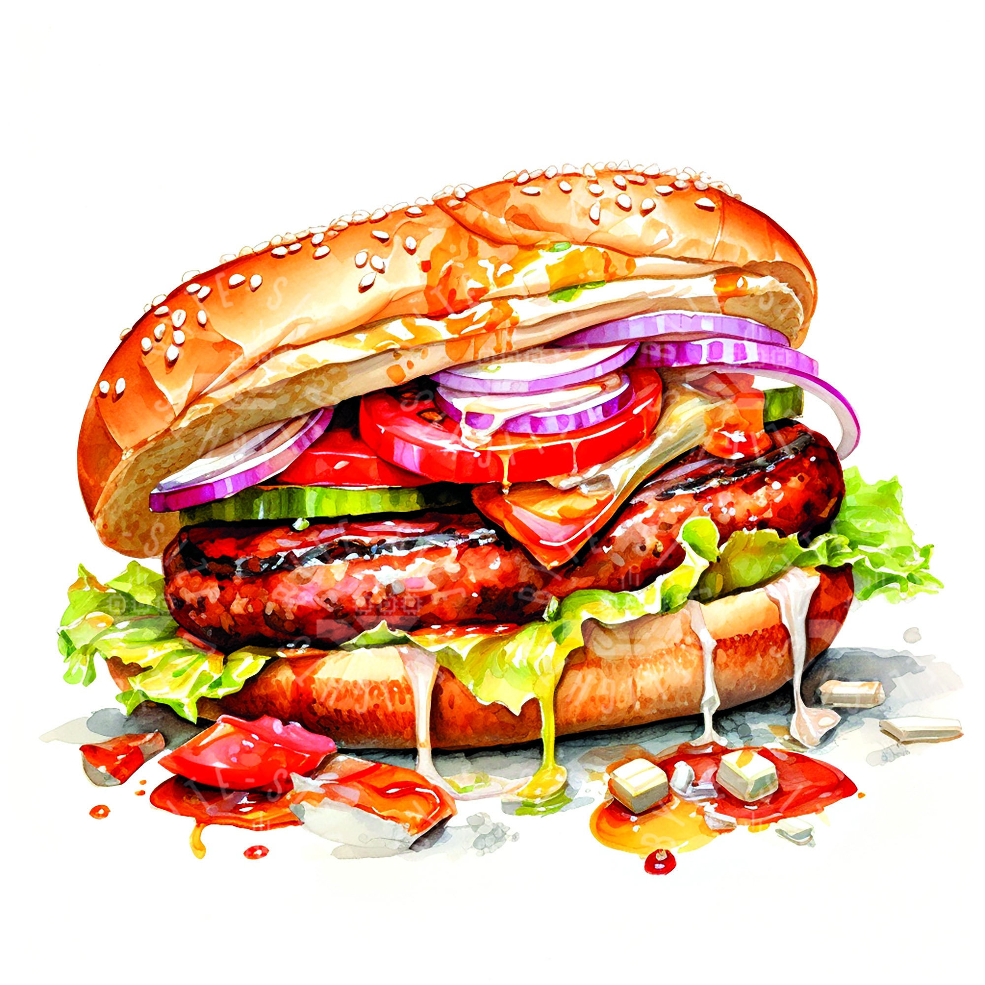 Hamburger Watercolor Clipart; Ai-generated Art for Instant Download ...