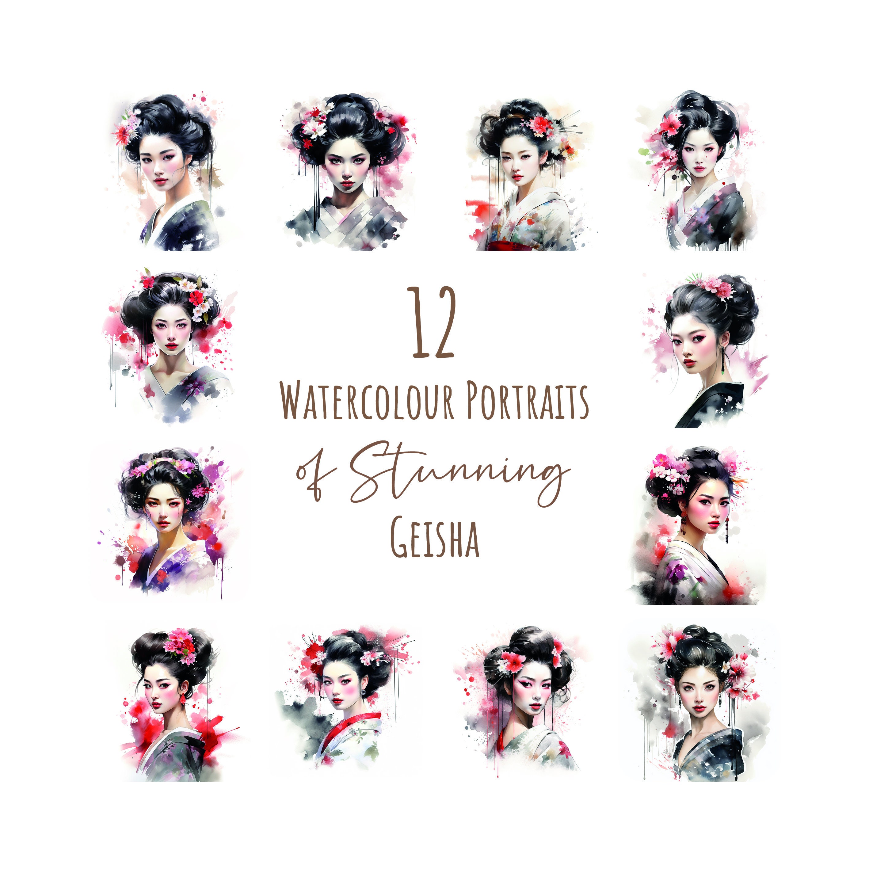 Geisha: Watercolor Paintings for Instant Download for Your Print-on ...