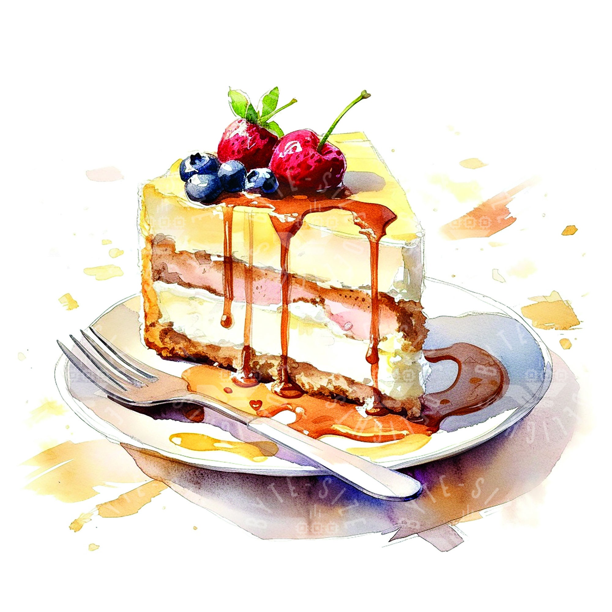 Cheesecake Watercolor Clipart, Ai Art Print, Instant Download for Print ...