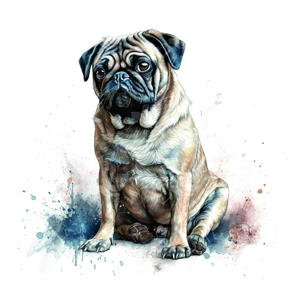 Pug Watercolor Clipart, Ai Art Print, Instant Download for Print on ...