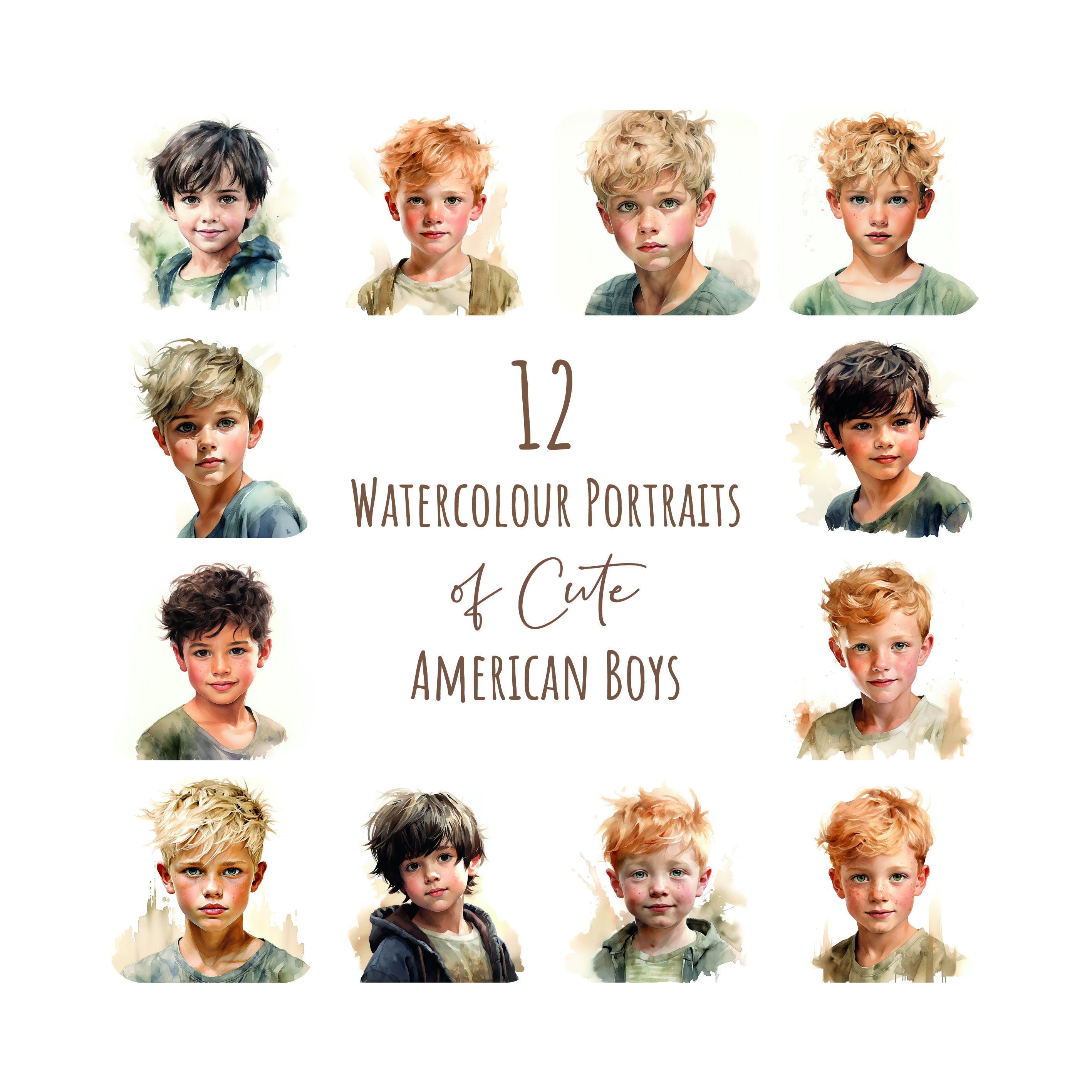 Watercolor Clipart of Super Cute American Boys, Ai Art Print, Instant ...