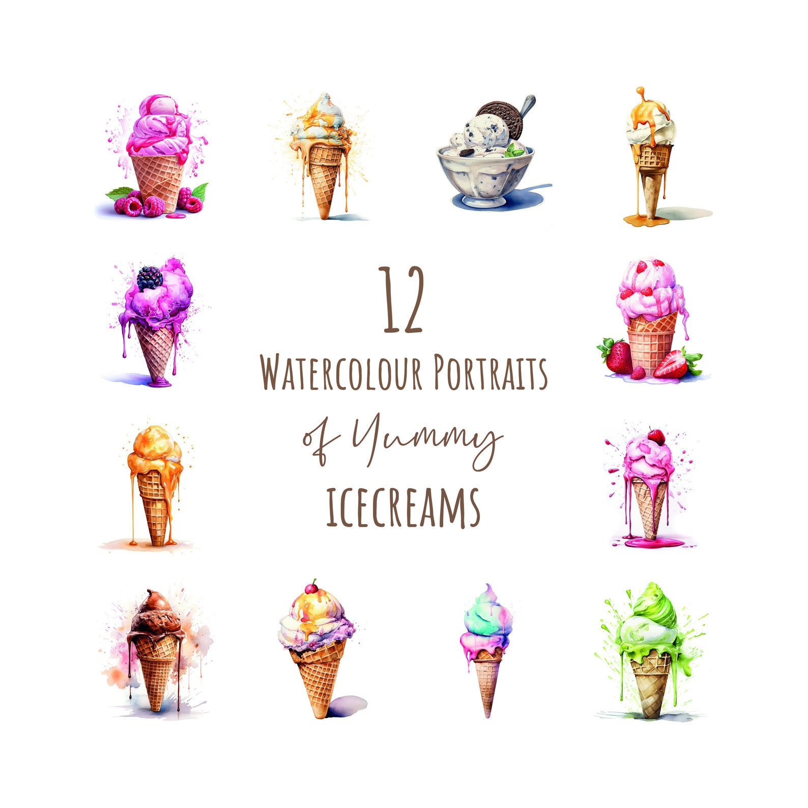 Ice Cream Watercolor Clipart, Ai Art Print, Instant Download for Print ...
