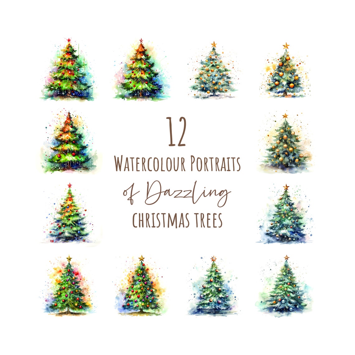 Christmas Tree Watercolor Paintings for Instant Download for Print-on ...