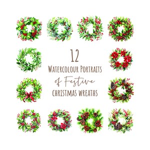 Christmas Wreath Watercolor Paintings for Instant Download for Print-on ...