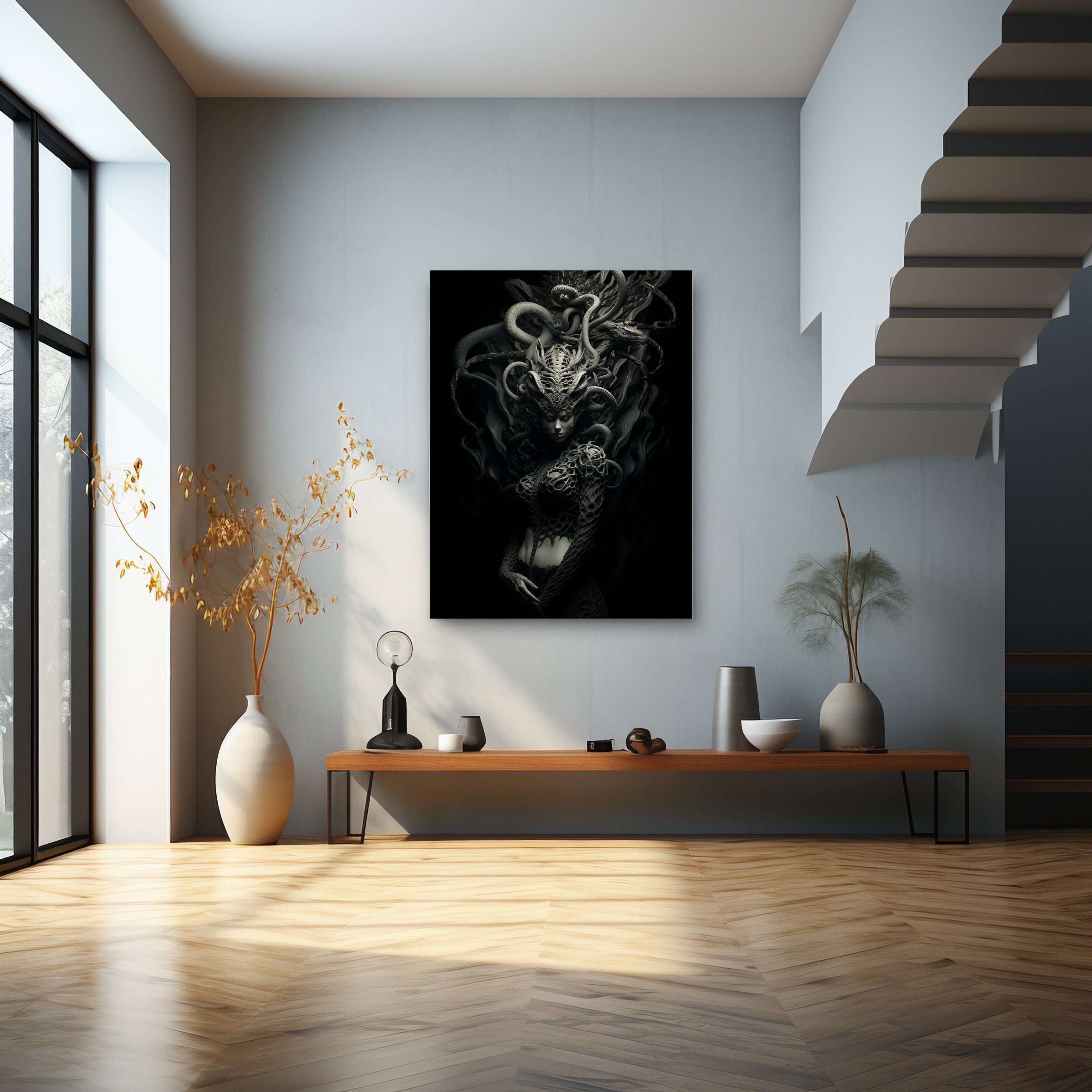 Medusa Dark Enigma Canvas Art Print, Haunting Artwork, Obsidian Gaze ...